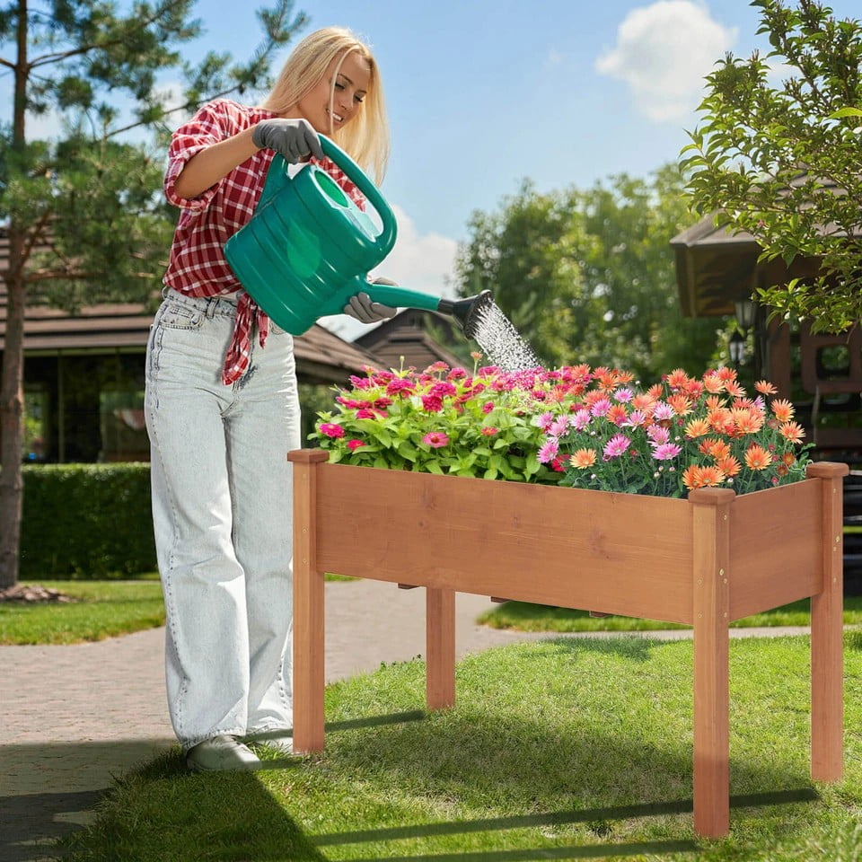Auranook Raised Garden Bed, Elevated Fir Wood Planter Box with Drain Hole, Protective Liner ...