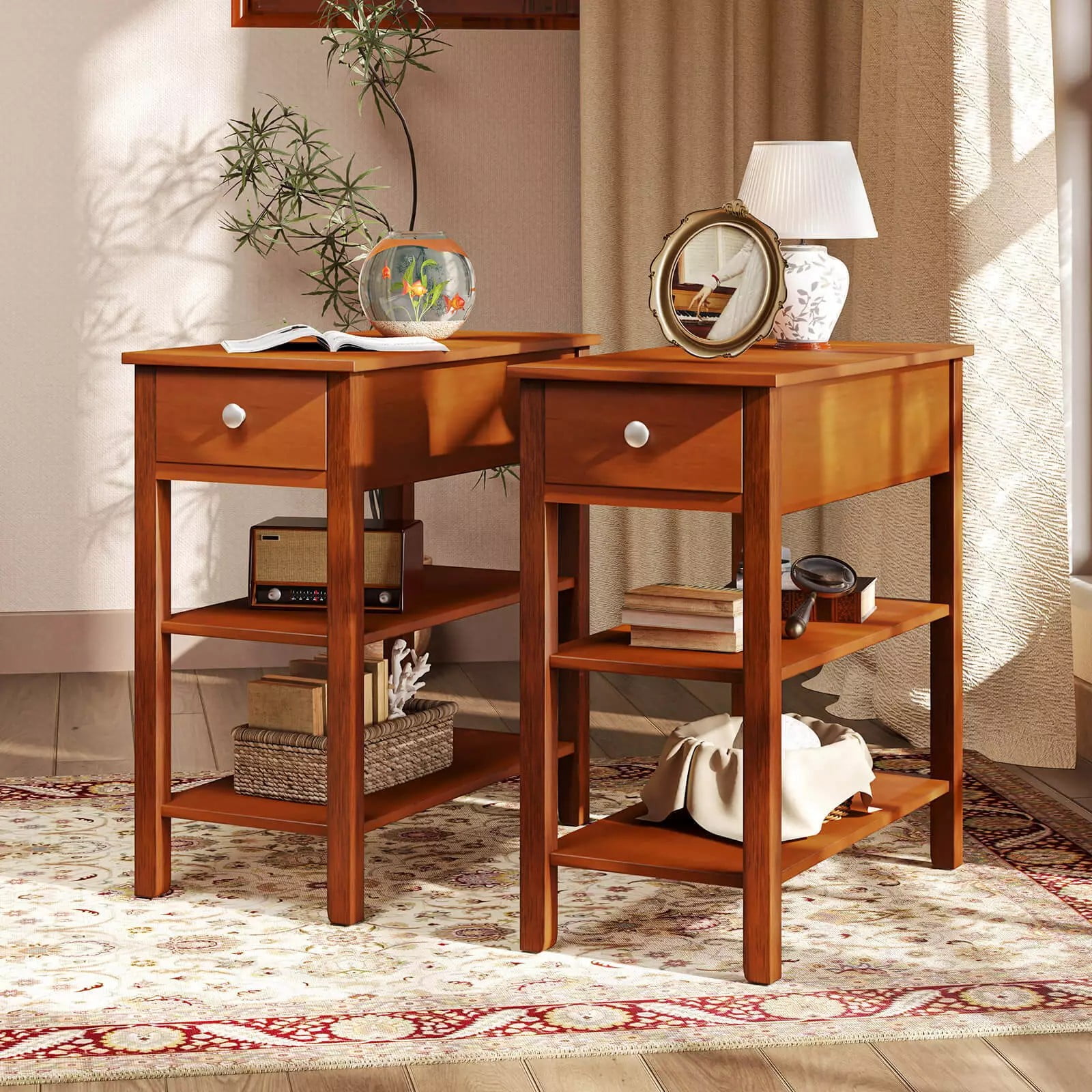 Auranook Set of 2 Narrow End Tables w/Drawer Shelves & Rubber Wood Legs ...