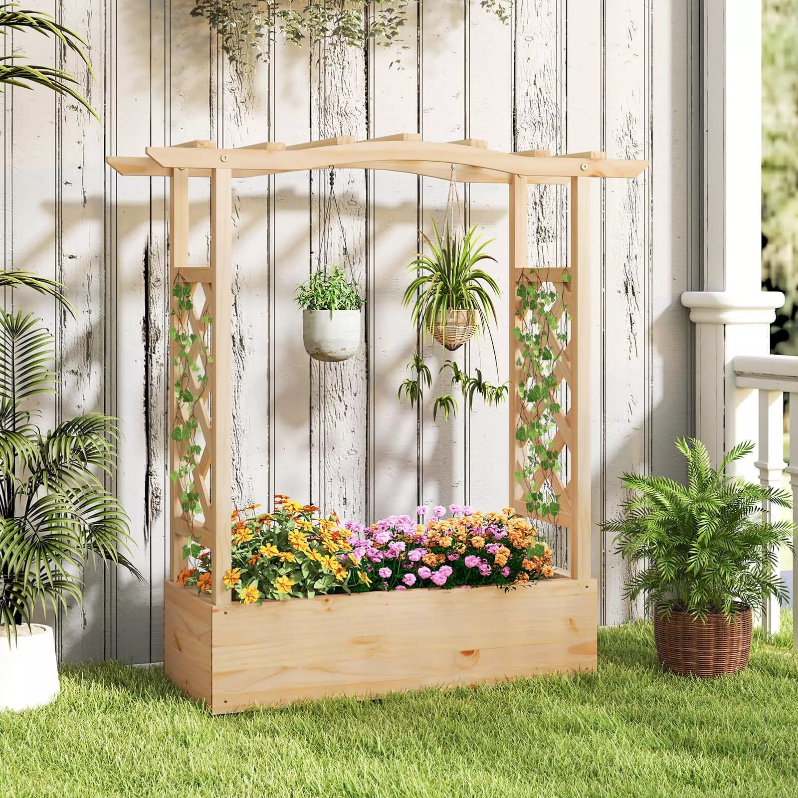 Auranook Solid Wood Planter Box, Raised Garden Bed w/Trellis & Hanging ...