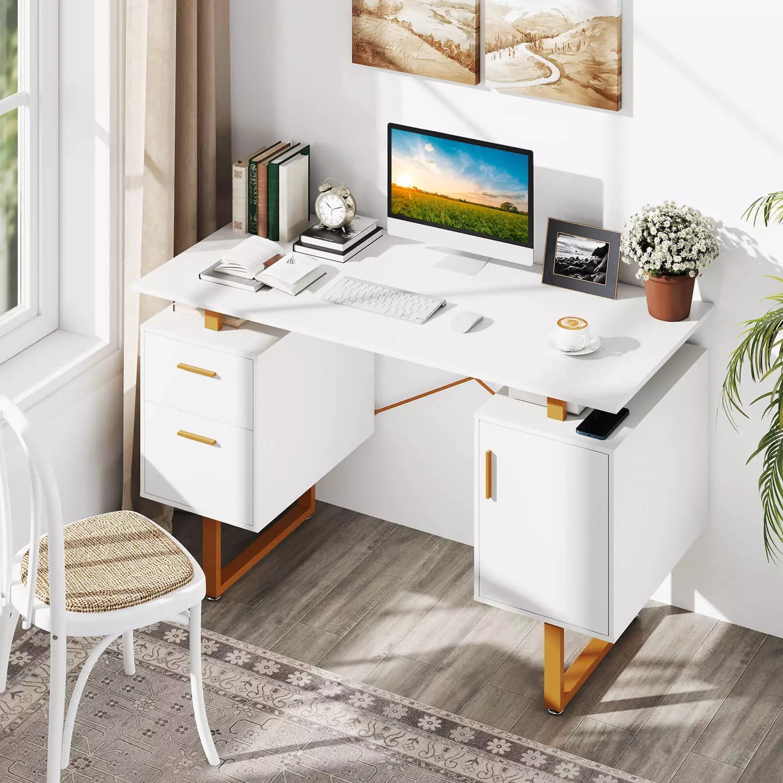 Auranook White Computer Desk w/Floating Tabletop, Home Office ...