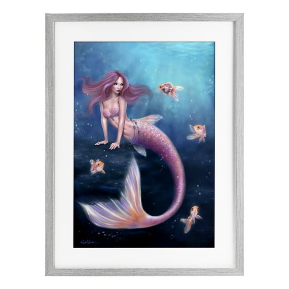 Aurelia Mermaid & Fish Gray Framed Print Under Glass, design by Rachel ...