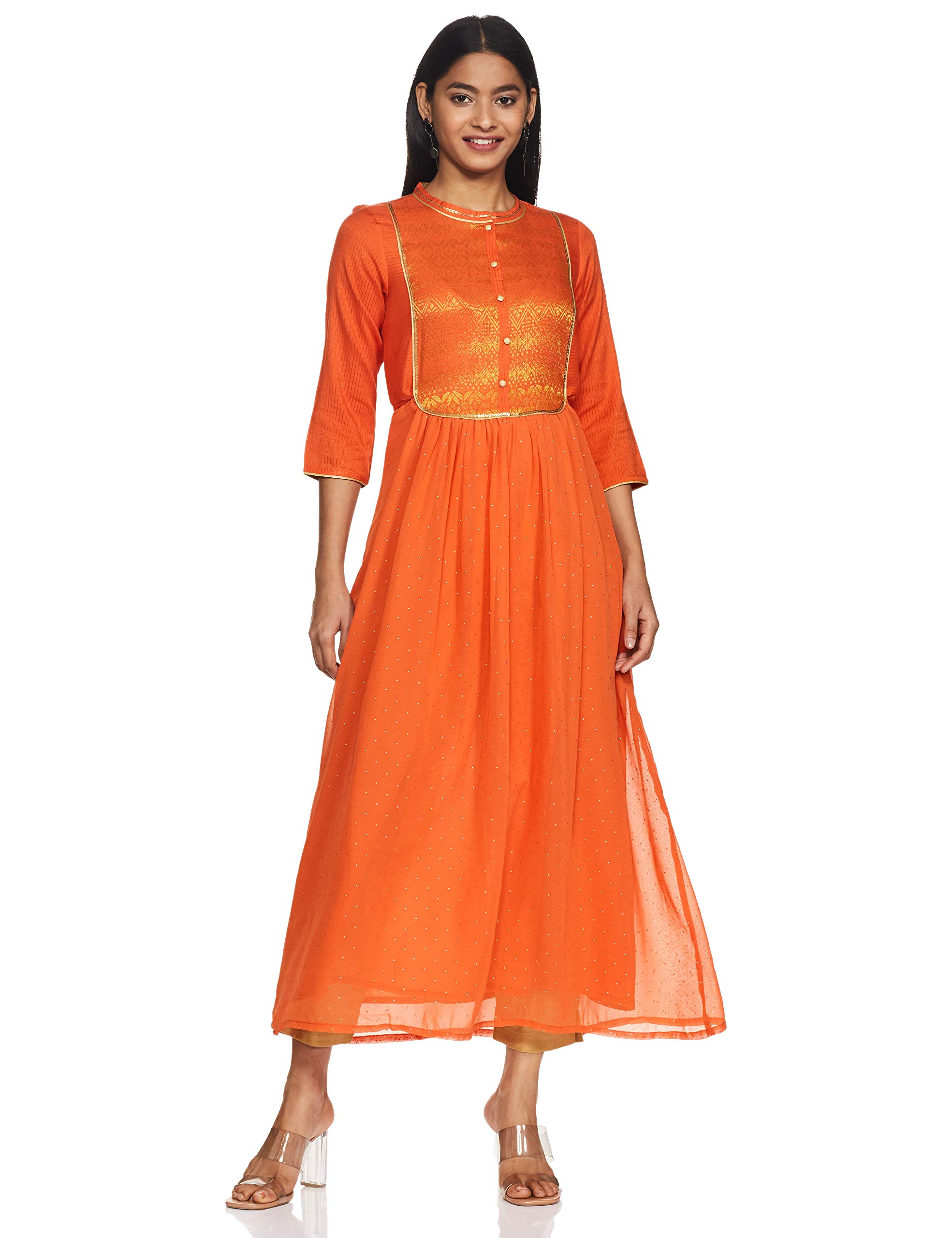 Aurelia Women'S Rayon Orange Mandarin Neck Printed Dress Below The Knee ...