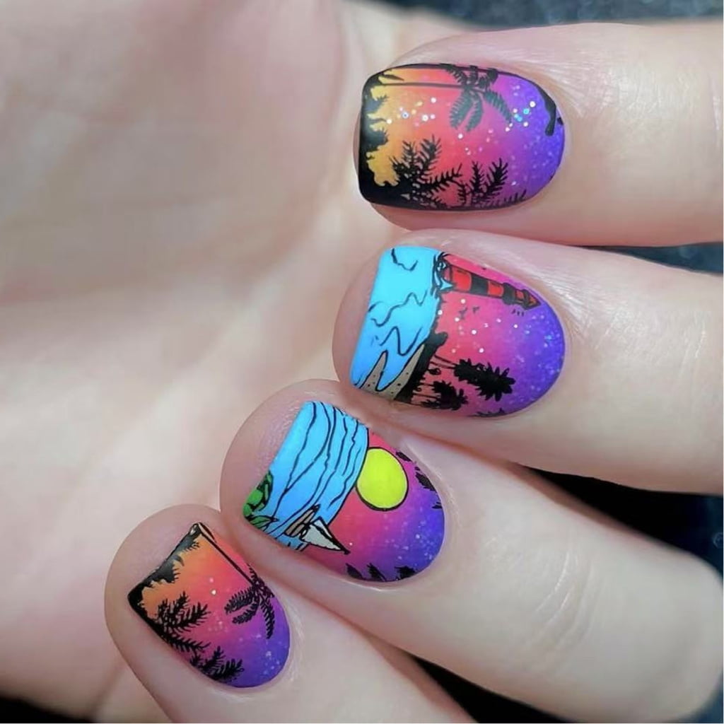 Aurgiarme 24 Pcs Sunset Artificial Nails Short Square Full Covers False ...