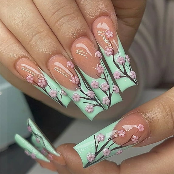 Aurgiarme 24pcs Long Square Press on Nails Floral Acrylic Nails Stick ...