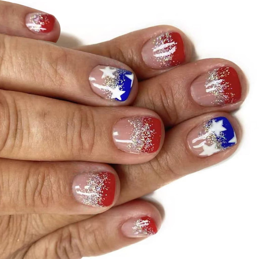 Aurgiarme Independence Day Themed False Nails Set 24pcs Short French ...