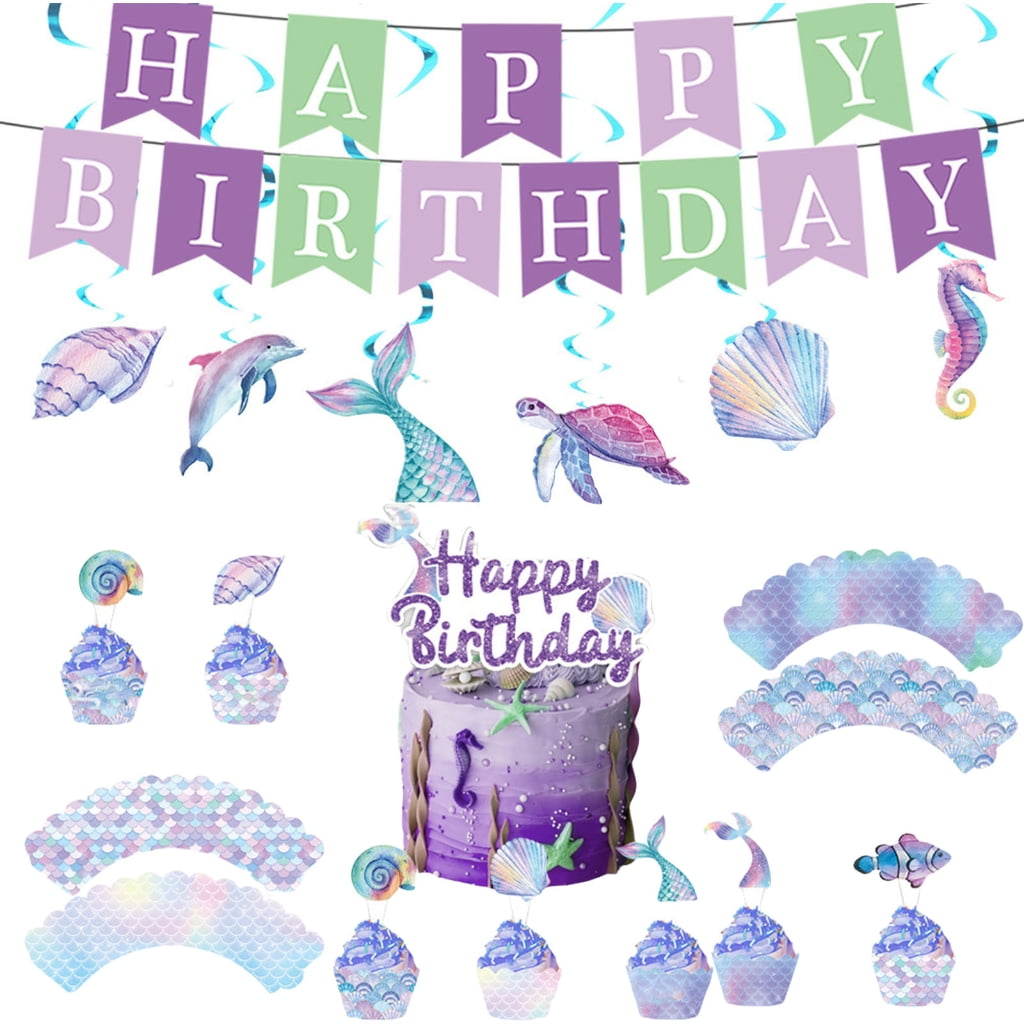 Aurgiarme Mermaids Party Supplies Set Includes Flags Banners Cake ...