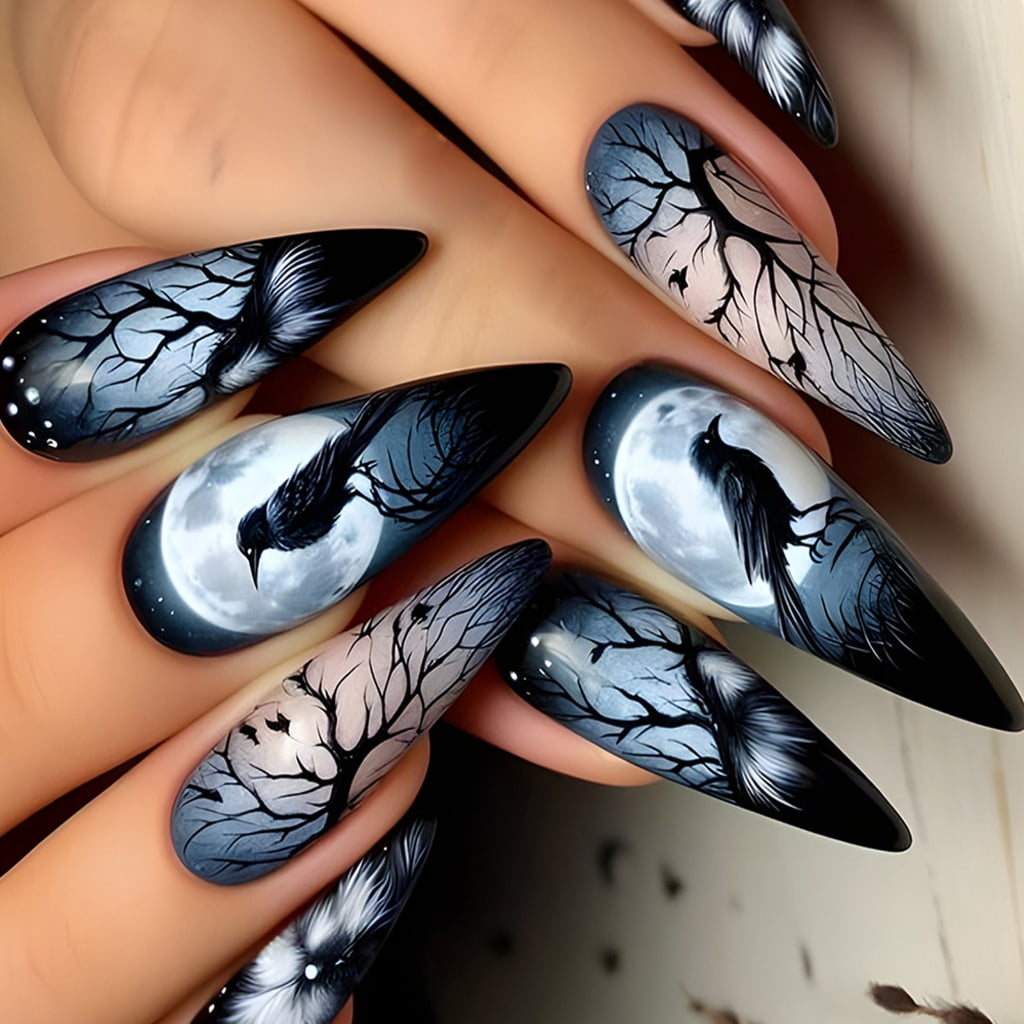 Aurgiarme Press on Nails with Crow Branch Designs Long Almond False ...