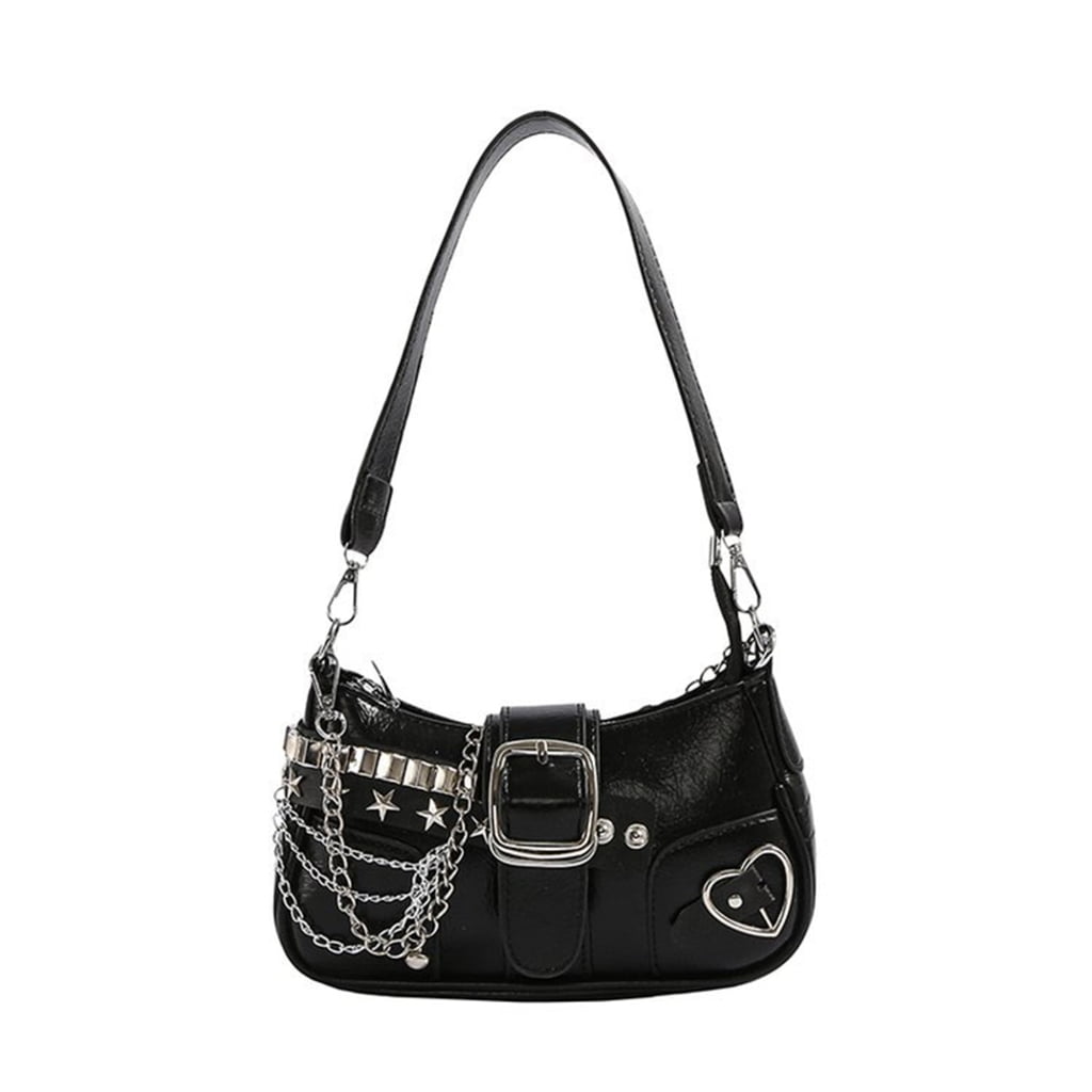 Aurgiarme Punk Metal Chain Shoulder Bag with Zippered for Women Grunge ...