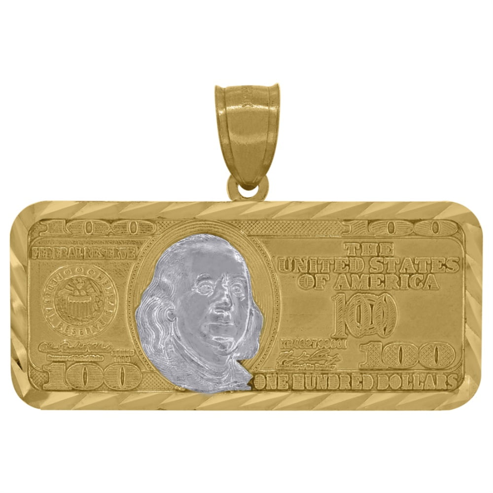 Auriga 10k Two-Tone Gold 100 Dollar Bill Currency Diamond Cut Pendant ...