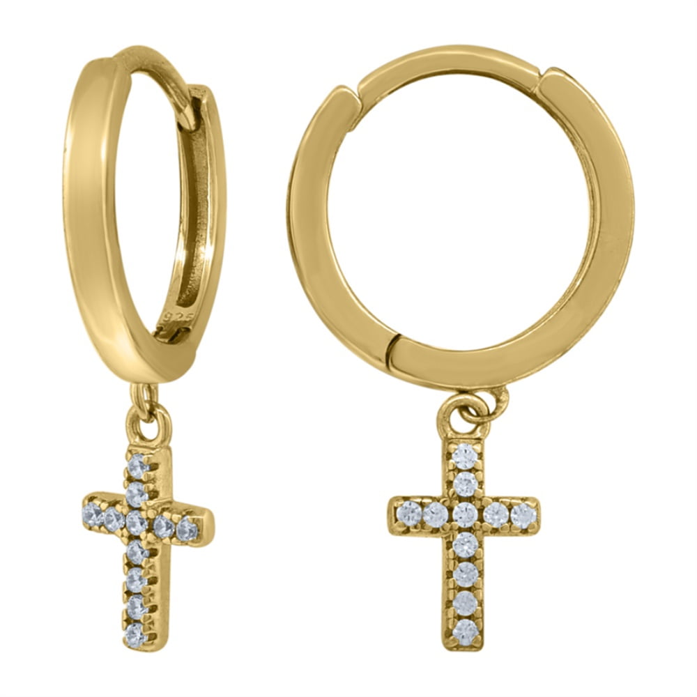 Auriga 925 Sterling Silver Yellow-Tone CZ Cross Religious Dangle Hoop ...