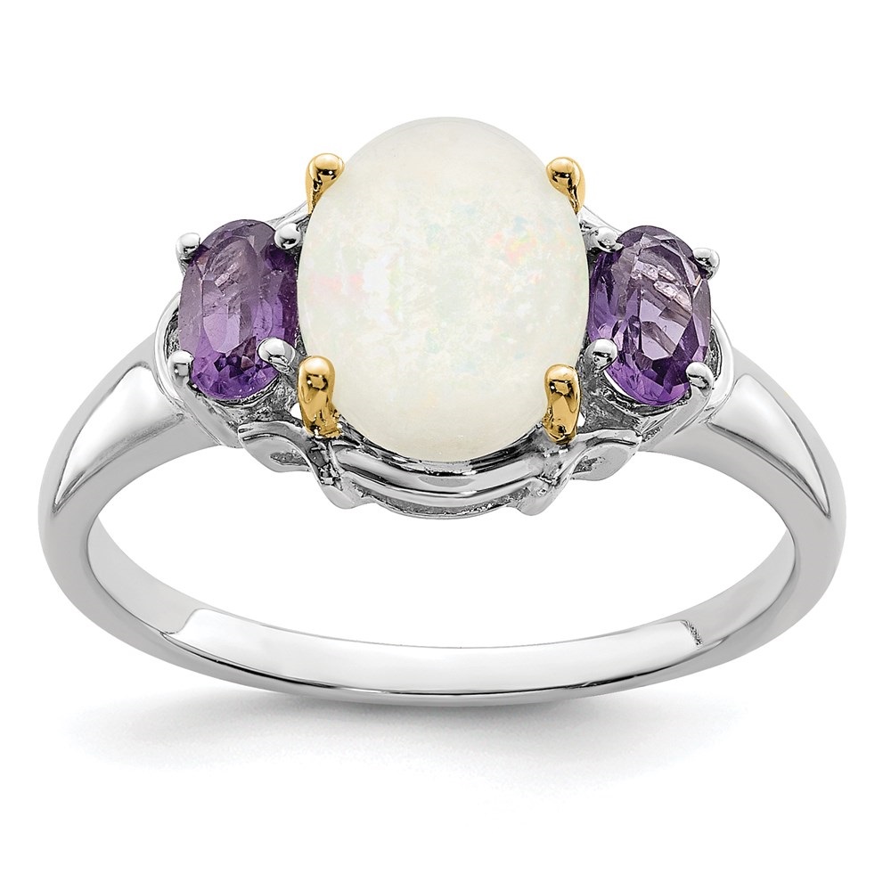 Finest Gold Sterling Silver & 14K Accent Opal & Amethyst Ring - Size 7 ...