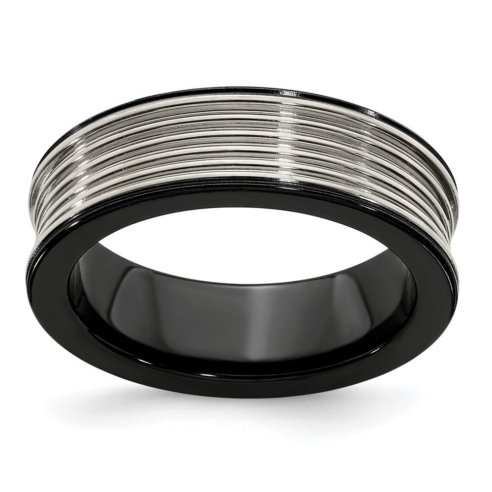 Auriga Black Titanium and Titanium Polished Grooved Concave Ring Size ...