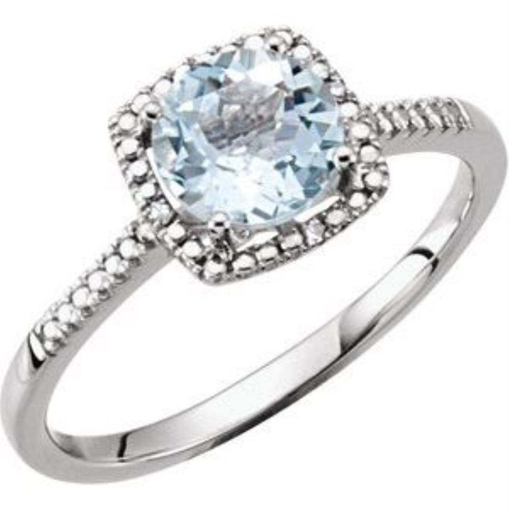 Auriga Fine Jewelry 925 Sterling Silver 7 mm Natural Aquamarine and Diamond Ring for Women Size ...