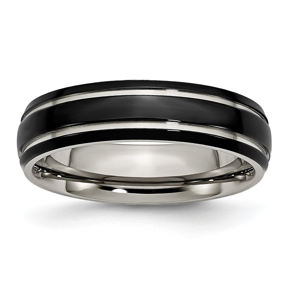 Auriga Fine Jewelry Titanium Polished Black IP-plated 6mm Grooved Men's ...