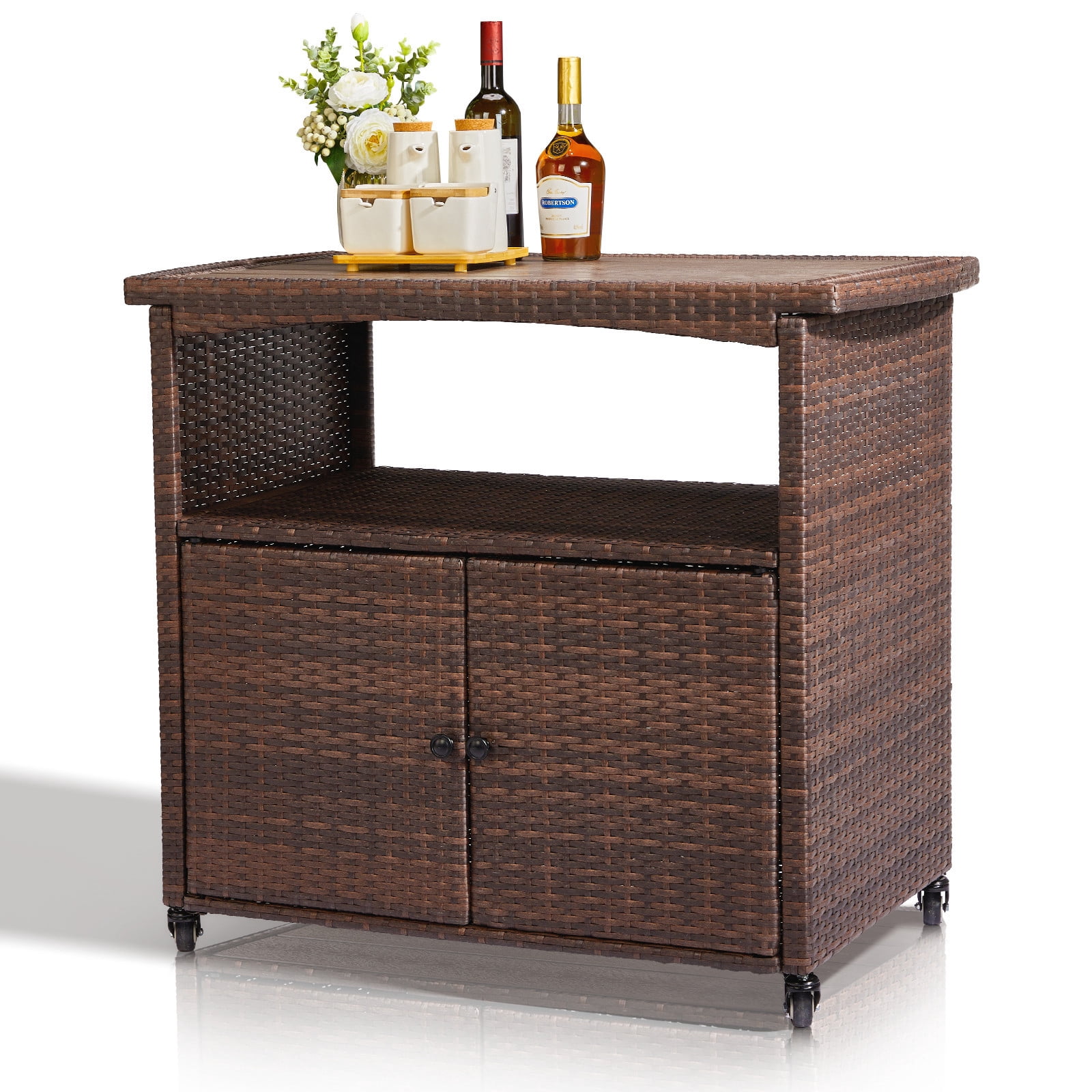 Aurivale Wicker Outdoor Bar Cart with Storage & Rolling Wheels, Patio ...