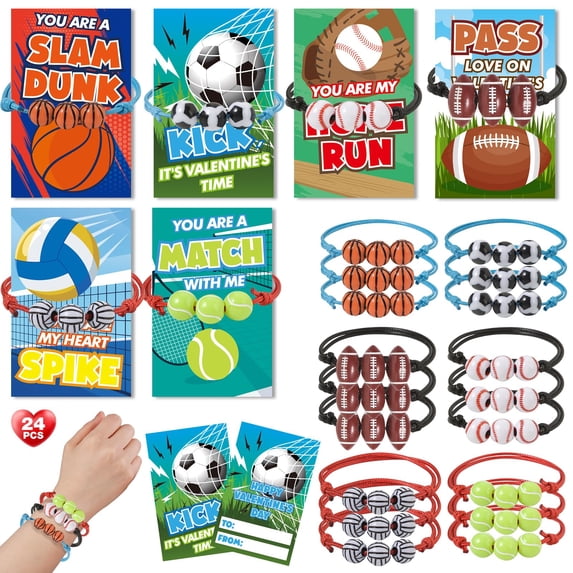 AuroTops Valentines Day Cards for Kids, 24 Pack Sports Charm Bracelets ...