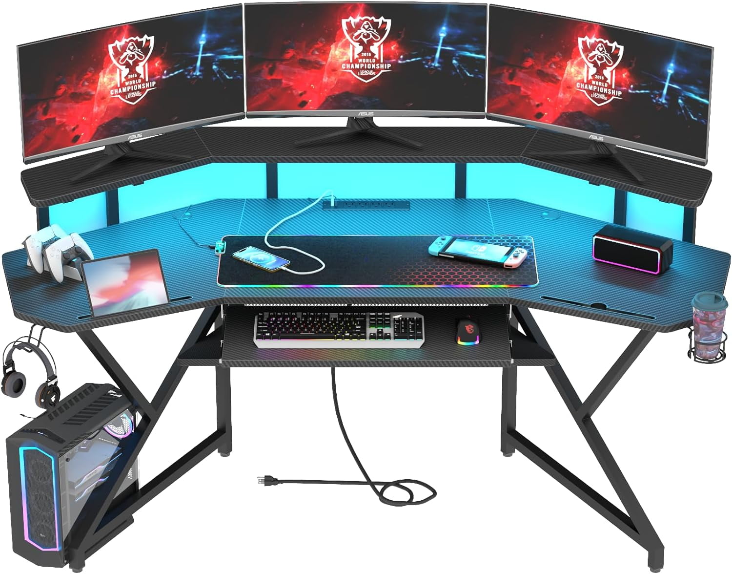 Auromie 72" Gaming Desk with Power Outlet & Led Strip, Large Wing ...