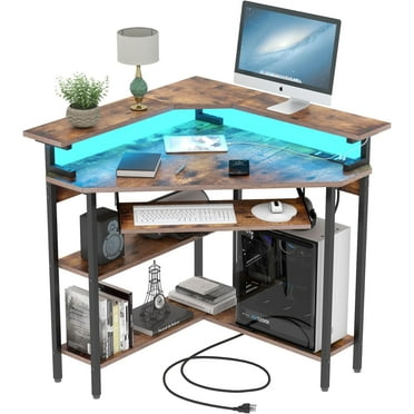 Homieasy Corner Desk with Hutch, LED Light, Outlets, Keyboard Tray ...