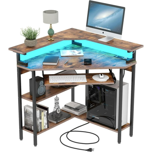 Auromie Corner Desk with Charging Station, LED Light, Monitor Stand ...