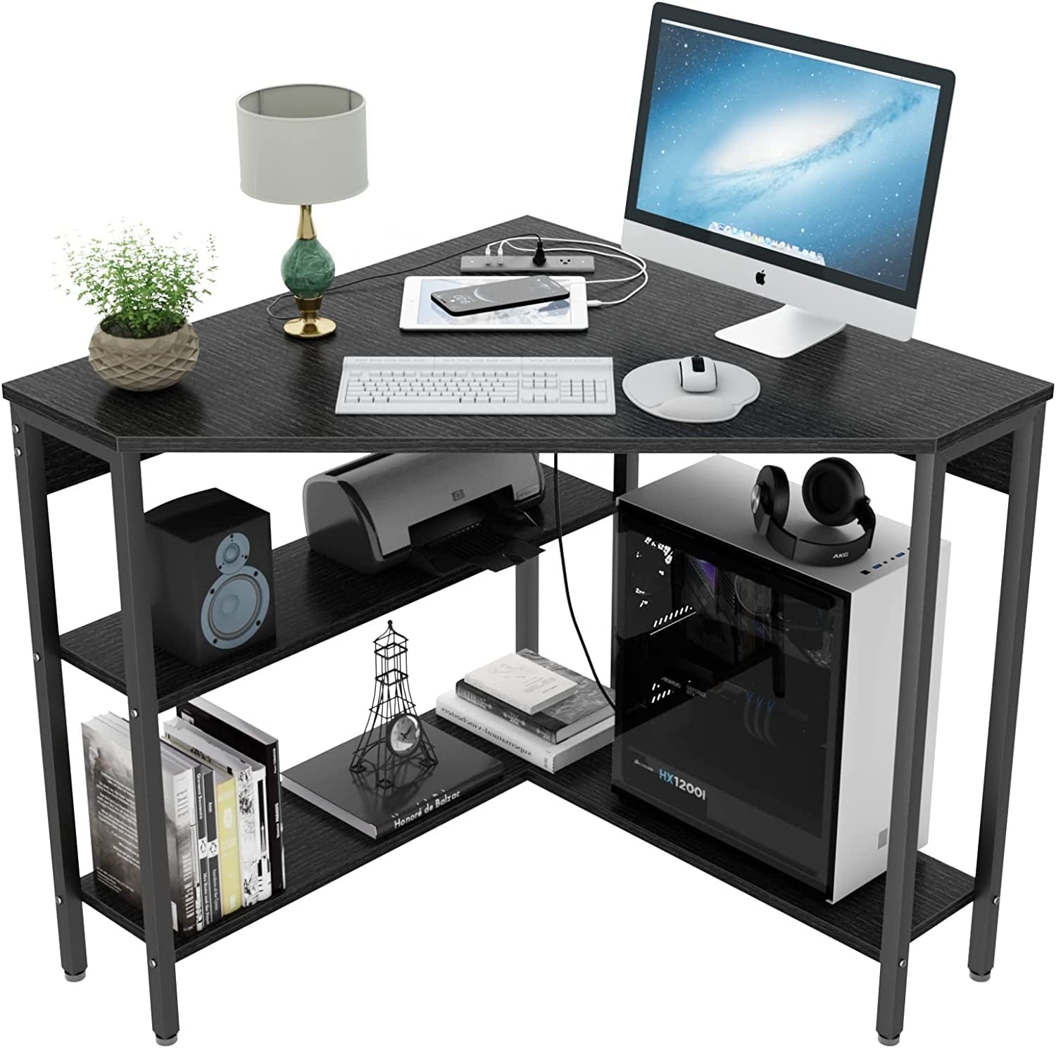 Auromie Corner Desk, Triangle Table w/ Outlets, USB Ports, CPU Stand ...