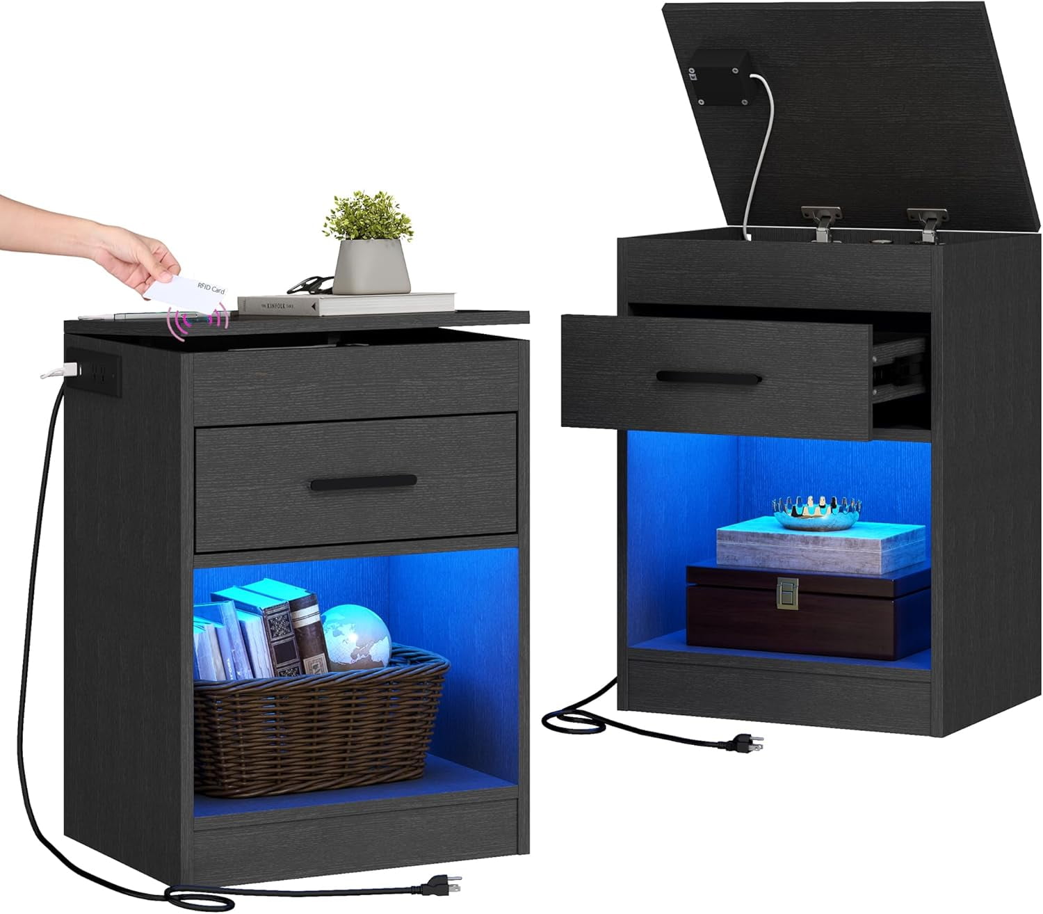 Auromie Set of 2 Nightstand with Charging Station and LED Lights ...