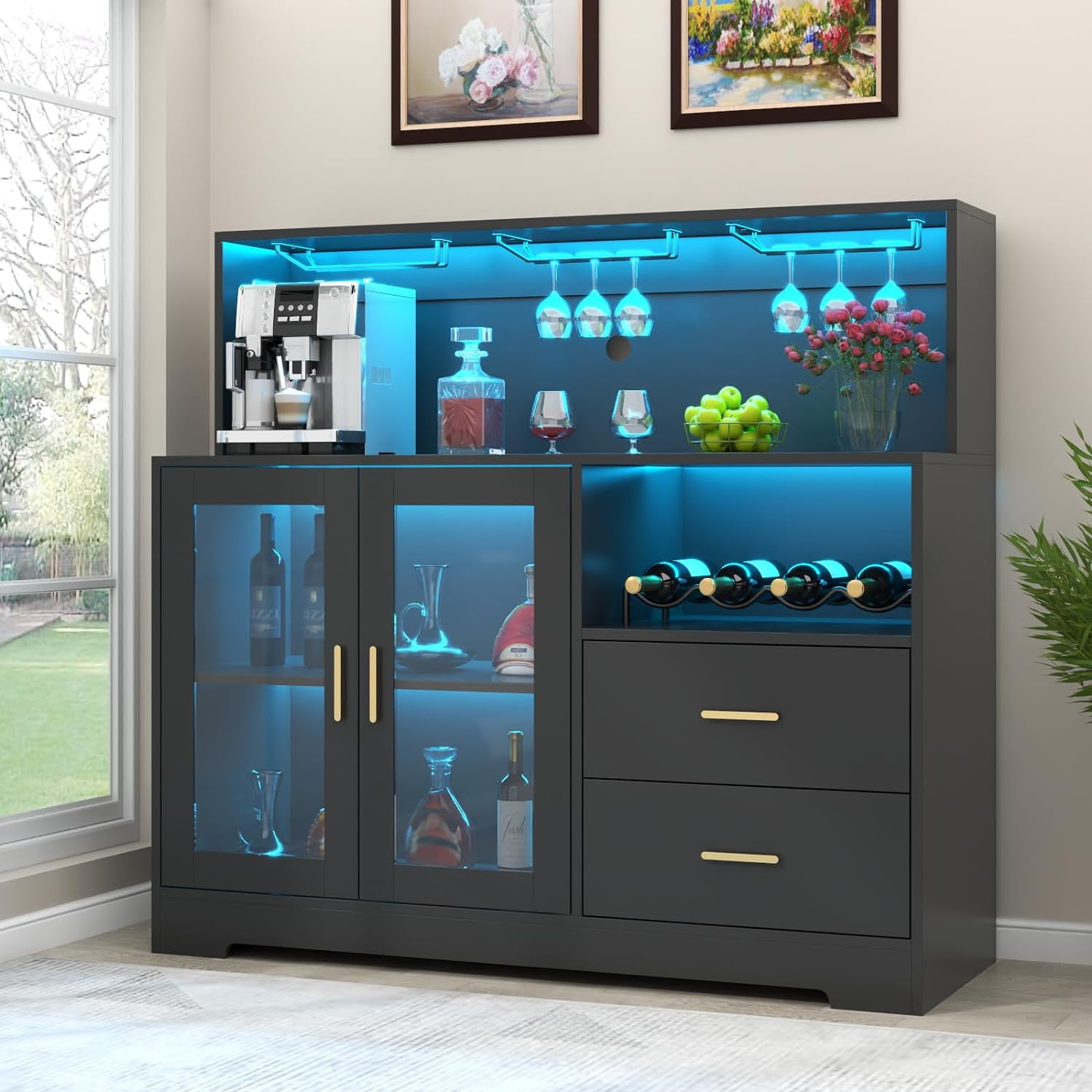 Auromie Wine Bar Cabinet with LED Light Glass Doors Storage Buffet Sideboard for Kitchen Living Room Black Walmart