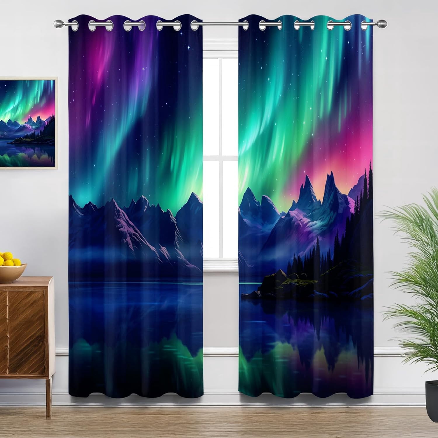 Aurora Blackout Curtains, Northern Lights Mountain Nature Landscape ...