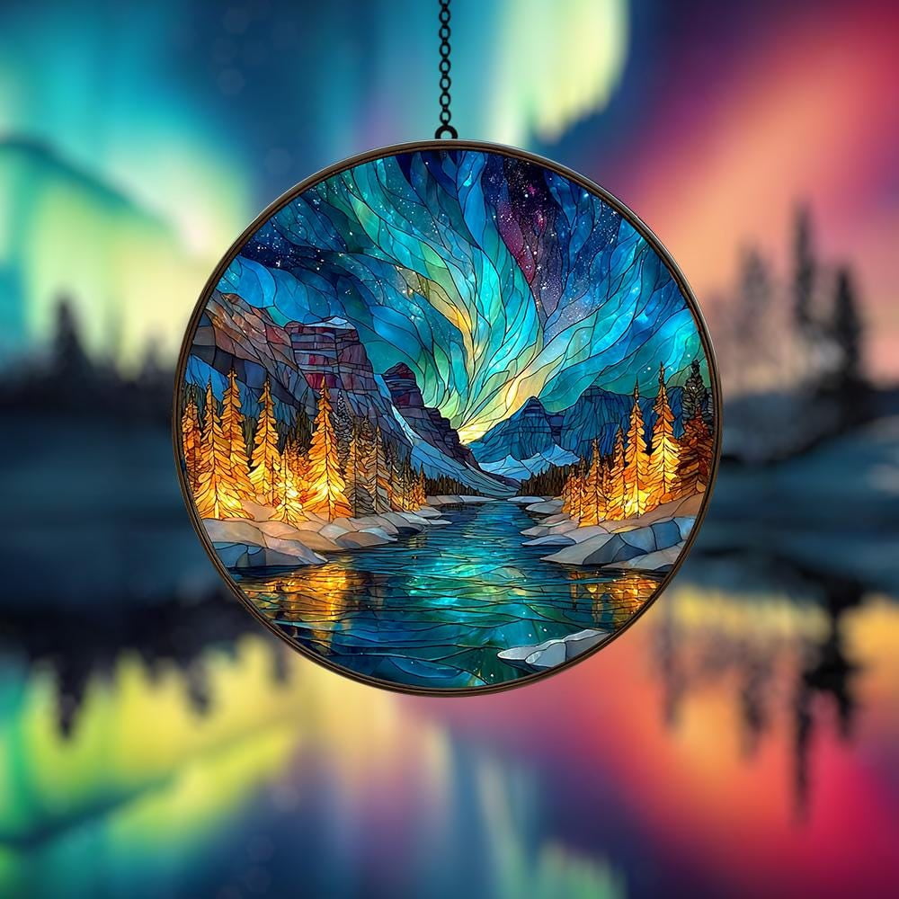 Aurora Borealis ACRYLIC Suncatcher - Faux Stained Glass Window Hanging with River, Pines, and ...
