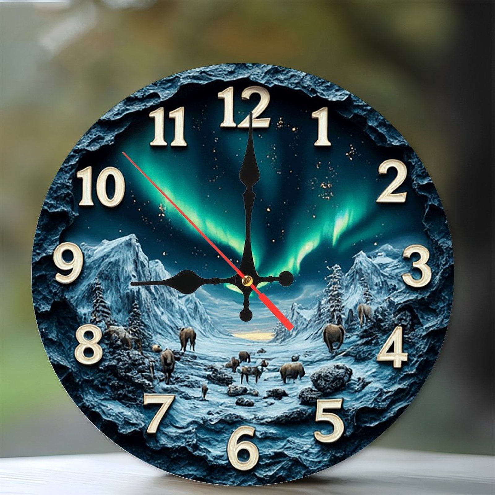 Aurora Borealis Animals Mountain Wall Clock 10-Inch Silent Wooden Wall ...