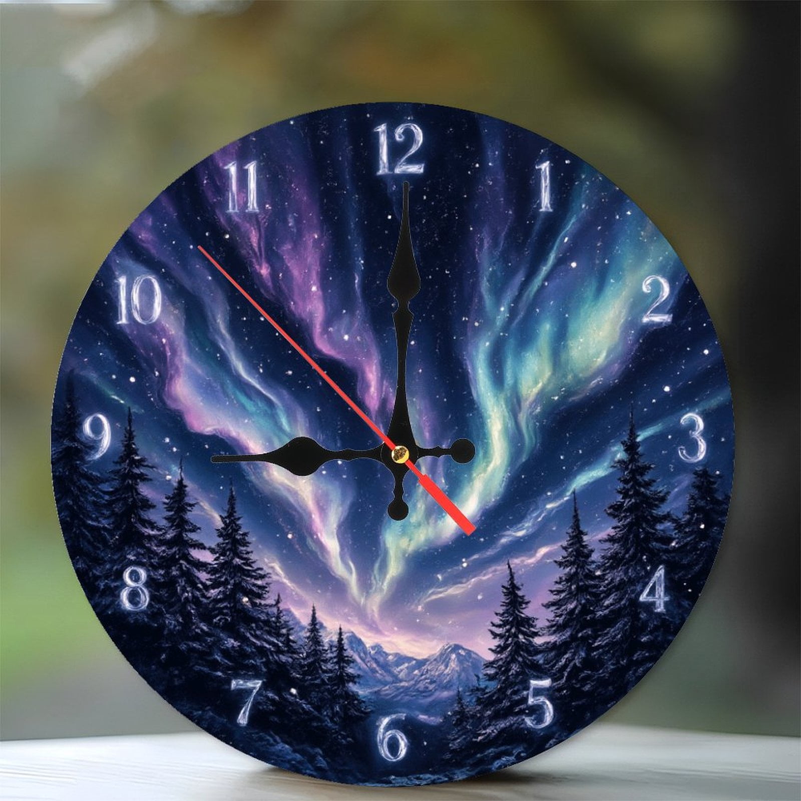 Aurora Borealis Clock Wall Art Winter Forest Night Sky 10-Inch Silent ...