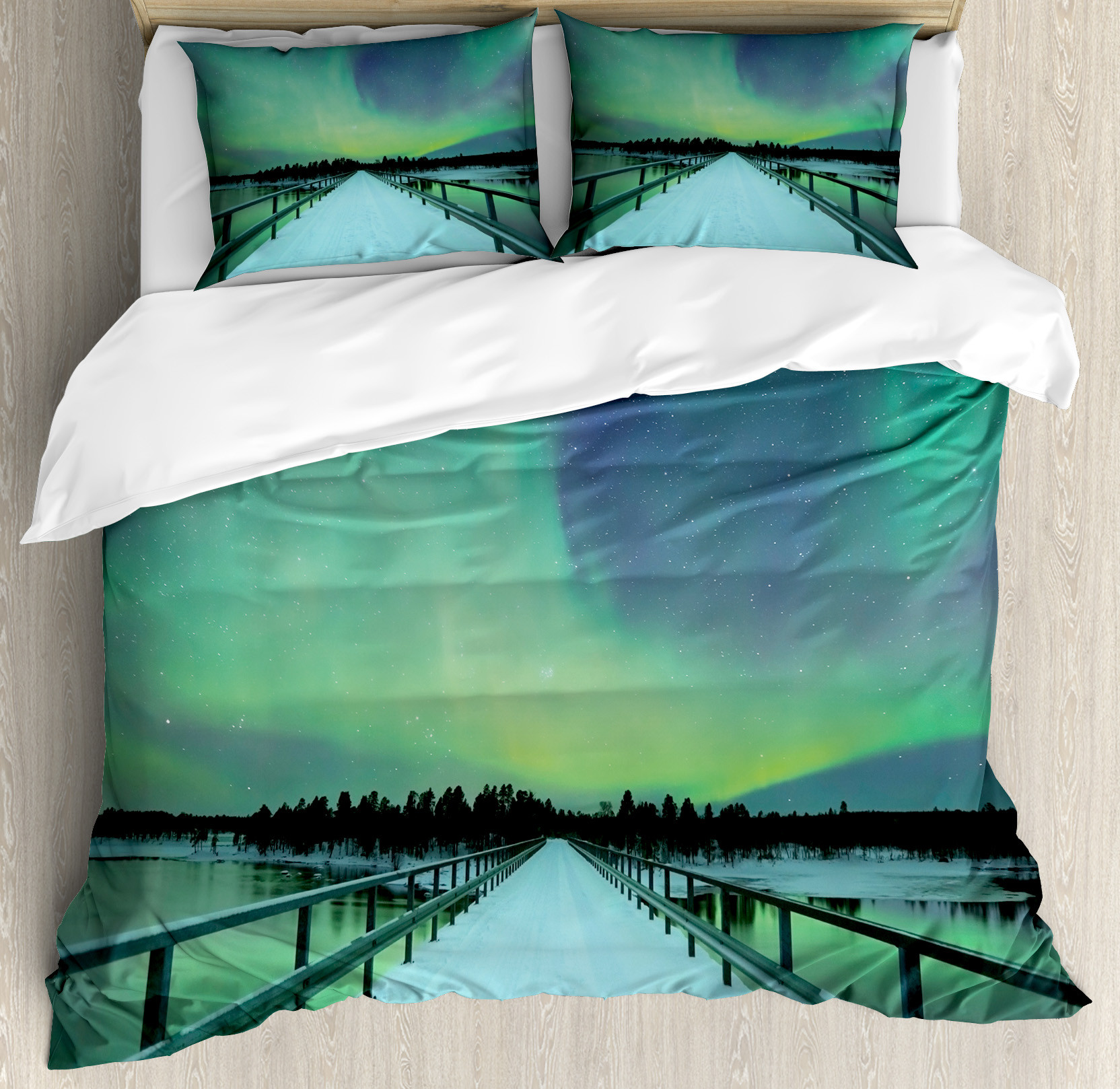 Aurora Borealis Duvet Cover Set, Long Mystic Sky over Bridge in Snowy ...