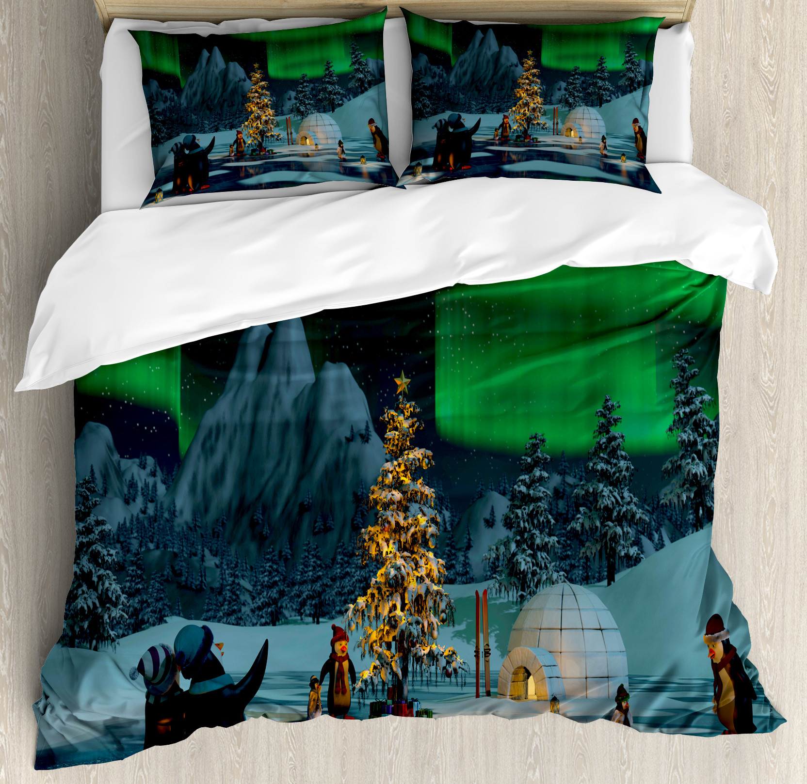 Aurora Borealis Duvet Cover Set, Penguins on Frozen Lake with Christmas ...