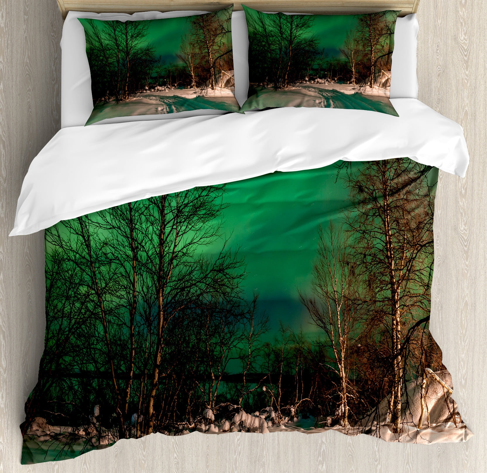 Aurora Borealis Duvet Cover Set, Snowy Frozen Road Path Between ...