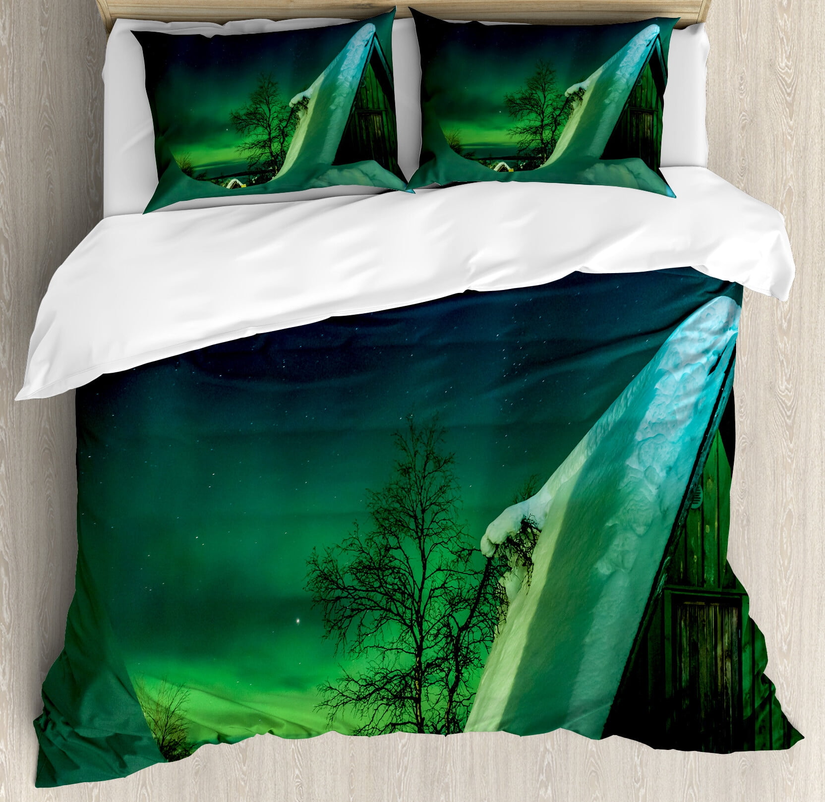 Ambesonne Nature Duvet Cover Set, Wooden House Winter, King, Dark Blue ...