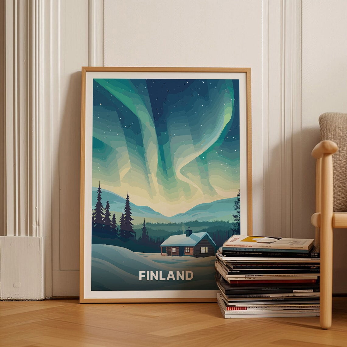 Aurora Borealis Finland Travel Poster, Northern Lights Wall Art, Scenic ...