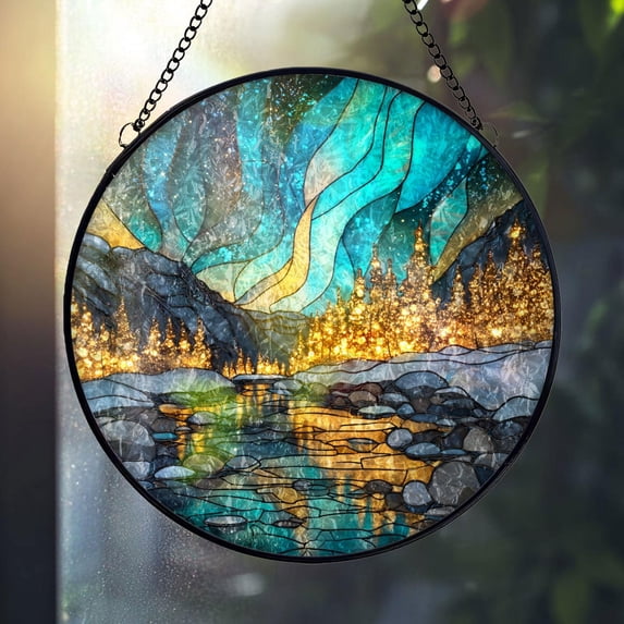 Aurora Borealis Glass Suncatcher, Northern Lights Mountain Landscape ...