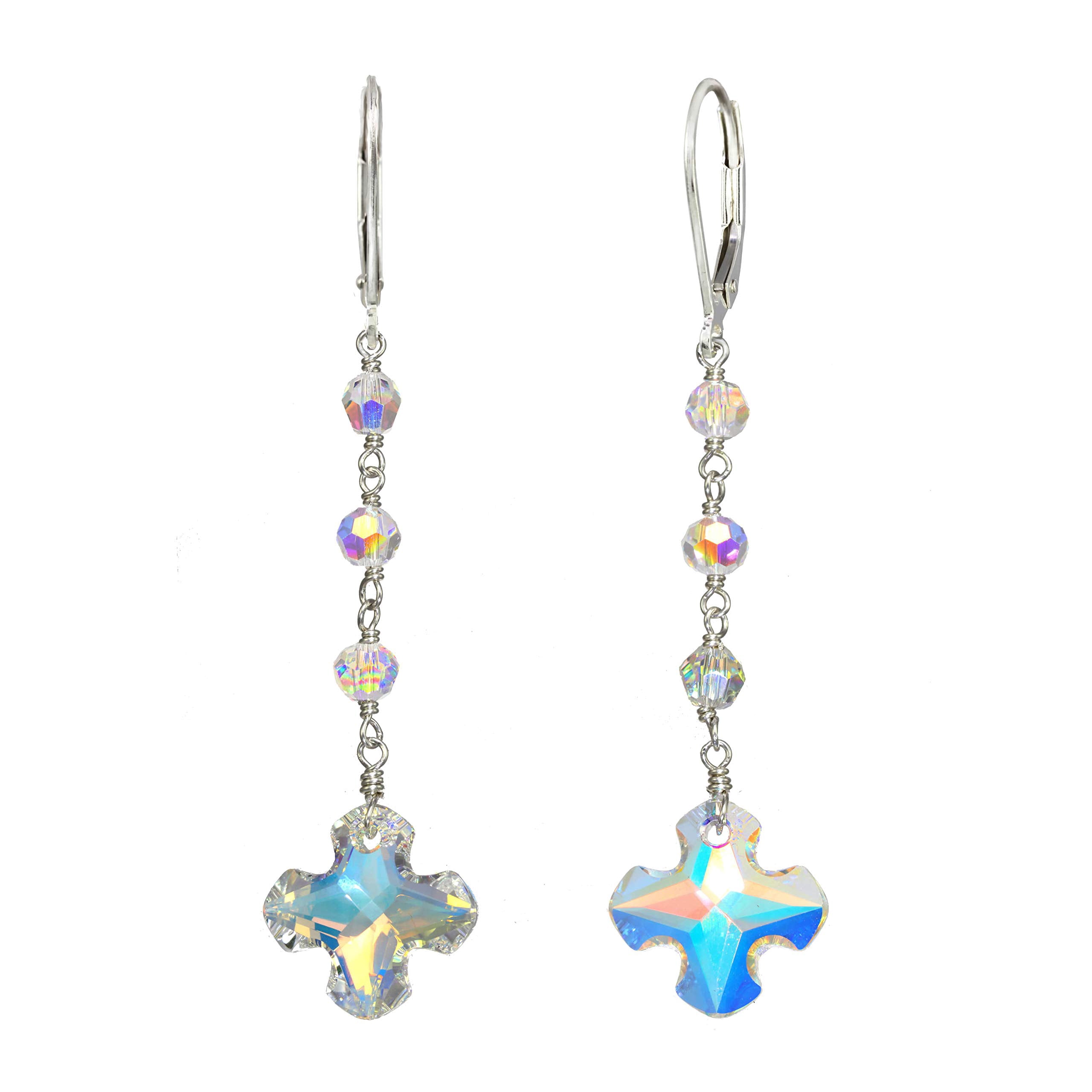 Aurora Borealis Greek Cross and Sterling Silver Drop Leverback Earrings ...