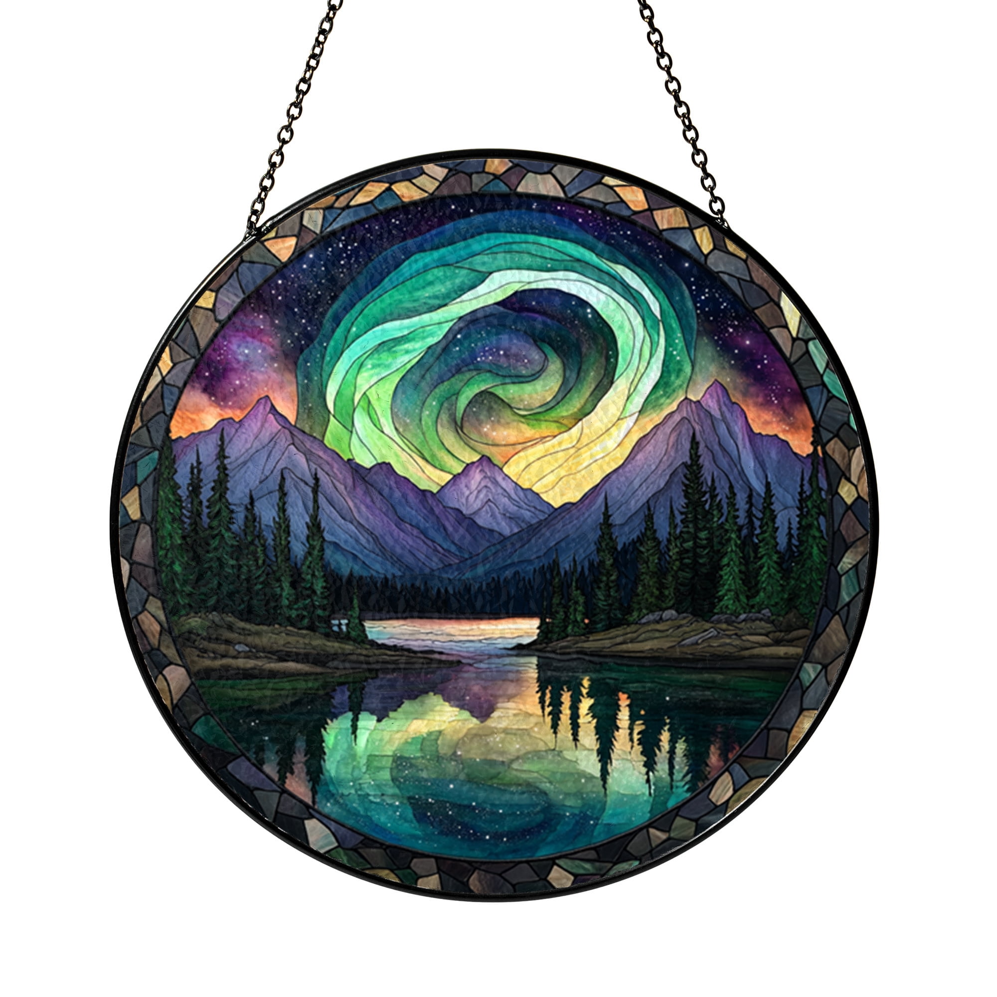 Aurora Borealis Lake Landscape Stained Glass Suncatcher Window Decor ...