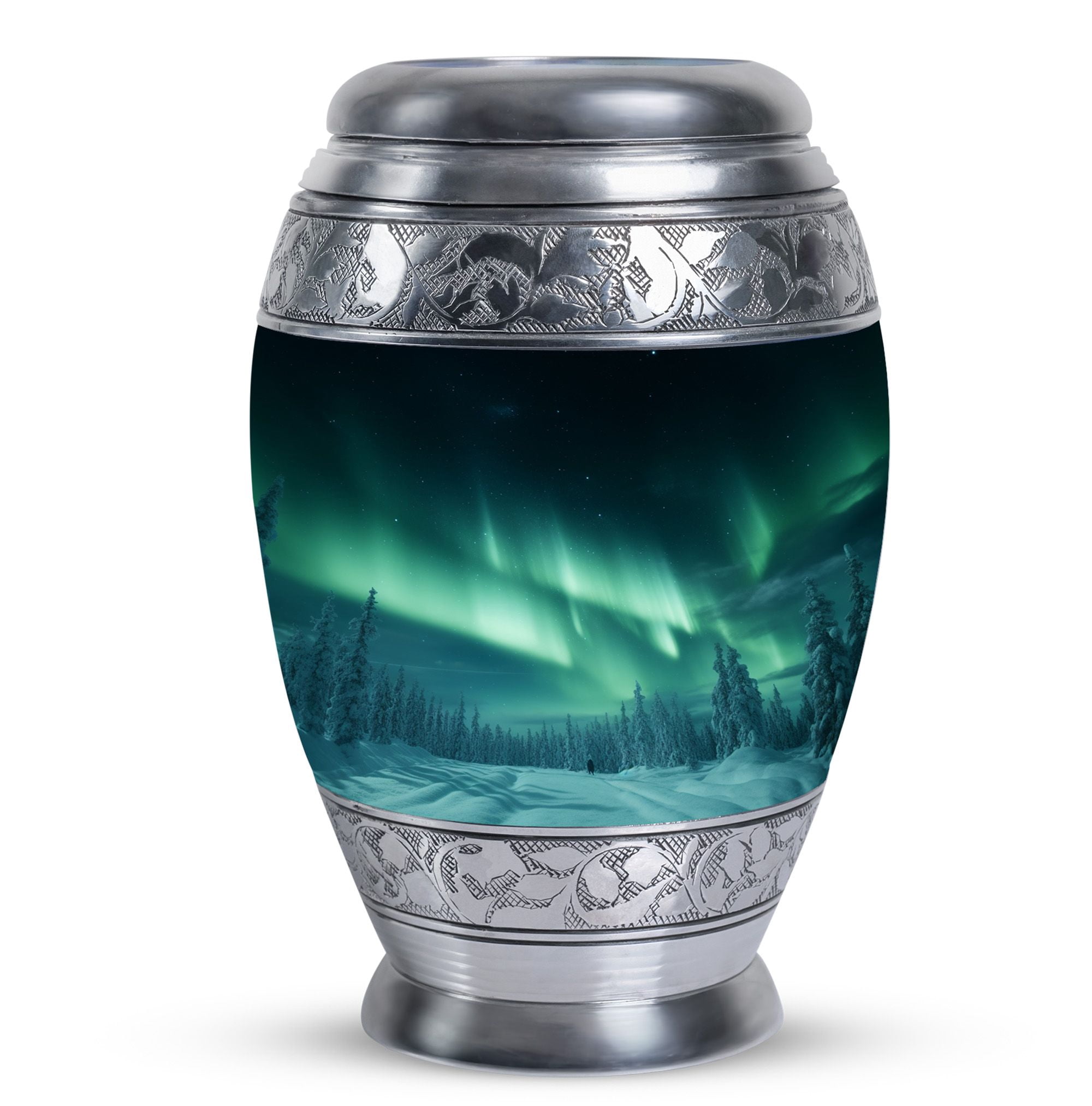 Aurora Borealis over Silent Frozen Forest - Elegant Small Urn for Human ...