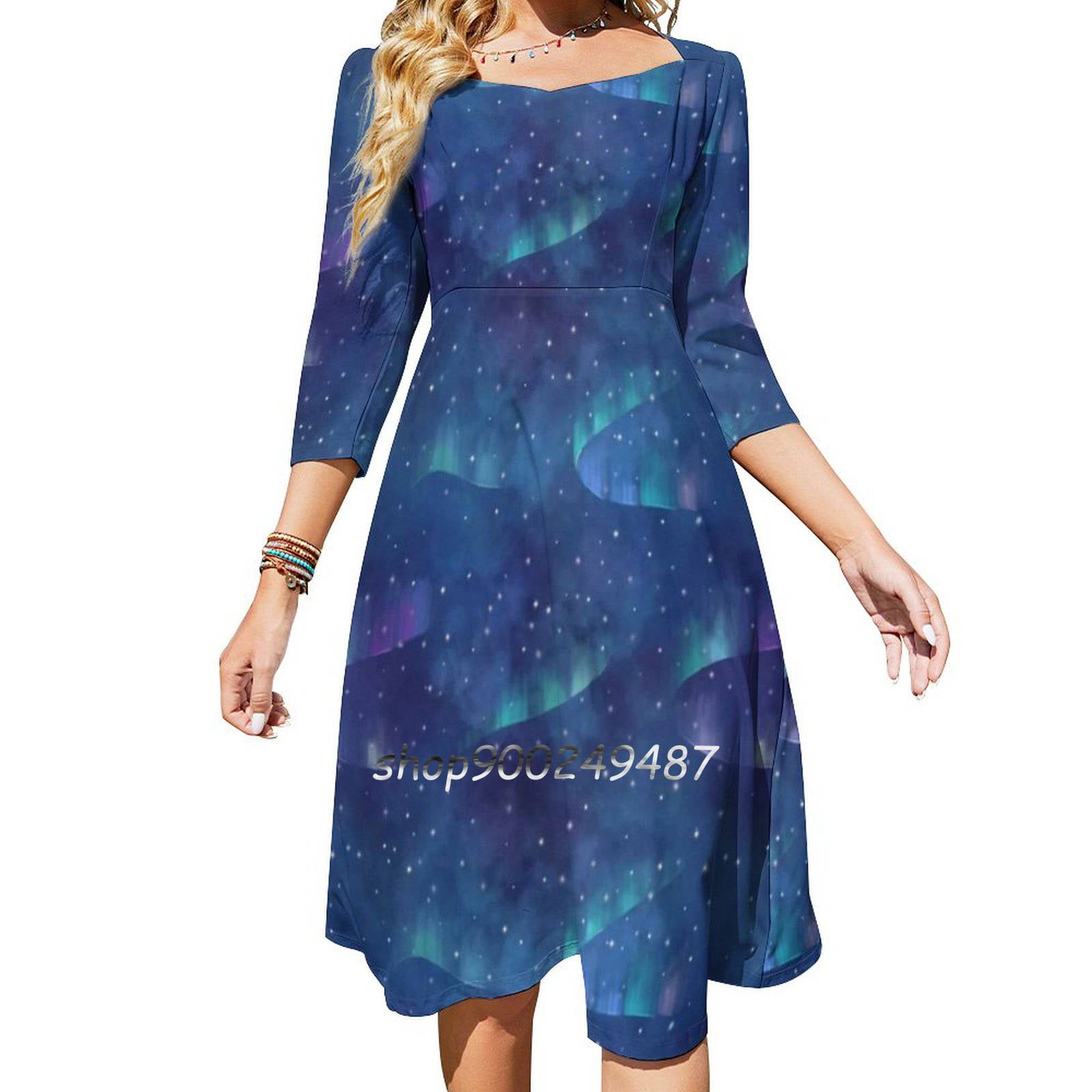 Aurora Borealis Square Neck Dress New Plus Size Elegant Women Waist ...