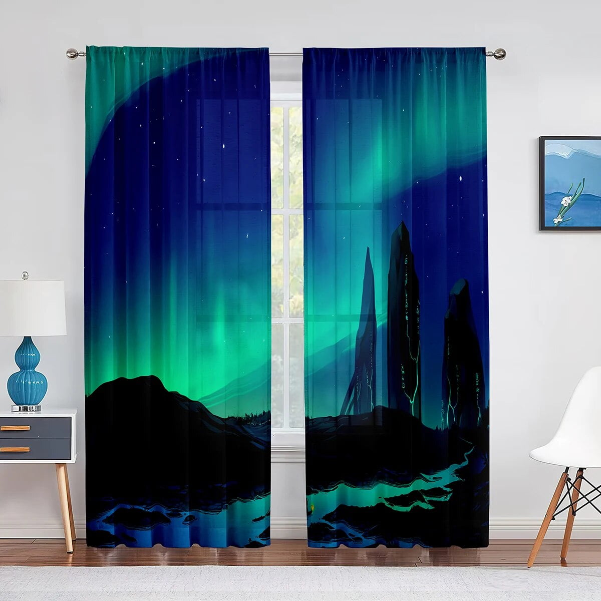 Aurora Borealis Starry Sky Mountain Landscape Tulle Voile Curtains for ...
