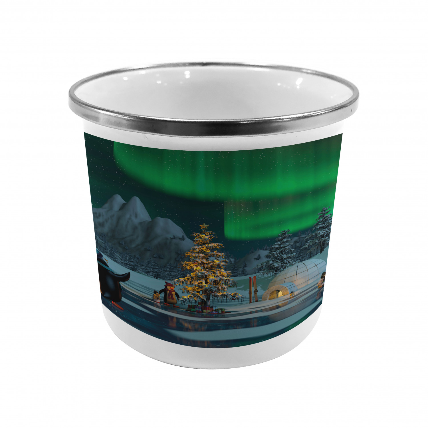 Aurora Borealis Steel Camping Mug, Penguins on Frozen Lake with ...