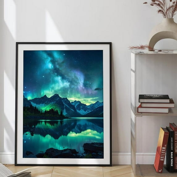 Aurora Borealis Wall Art, Northern Lights Mountain Lake Poster, Night ...