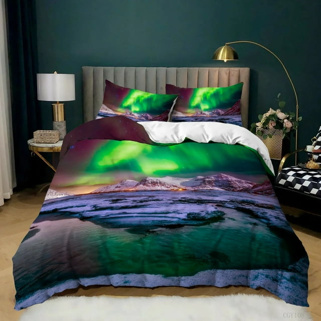 Aurora Borealis Polyester Duvet Cover Set Tree Under Magnetic Field Of