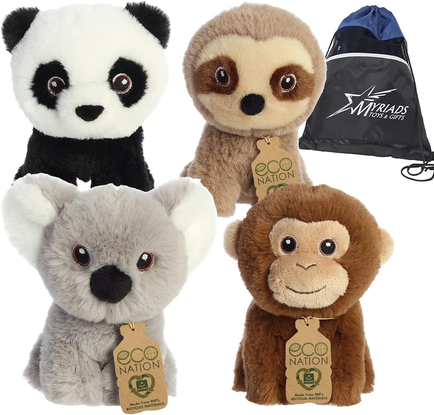 Aurora Eco Nation Mini Plush Zoo Set of 4: Panda, Sloth, Monkey, and ...