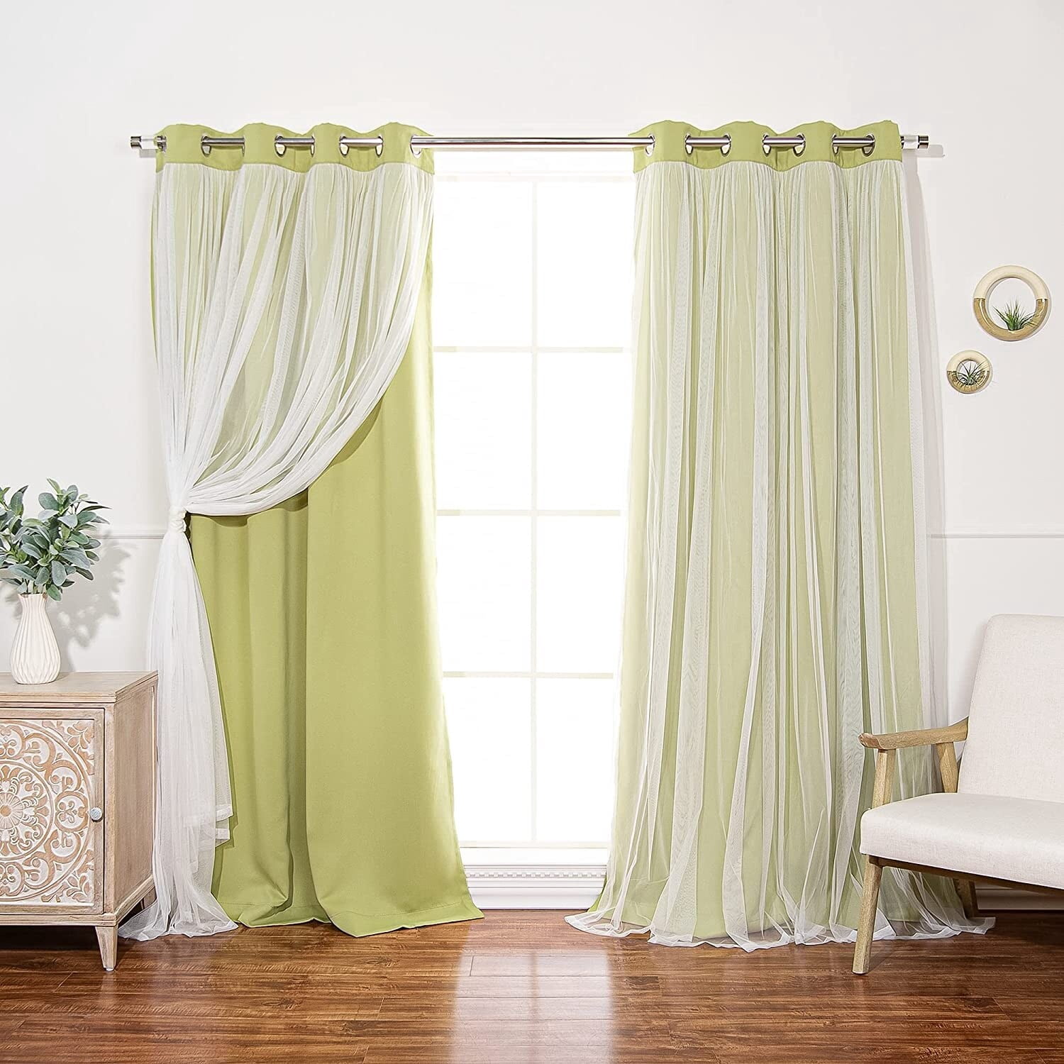 Aurora Home Gathered Tulle Overlay Blackout Curtain Panel Pair Sage 52 ...