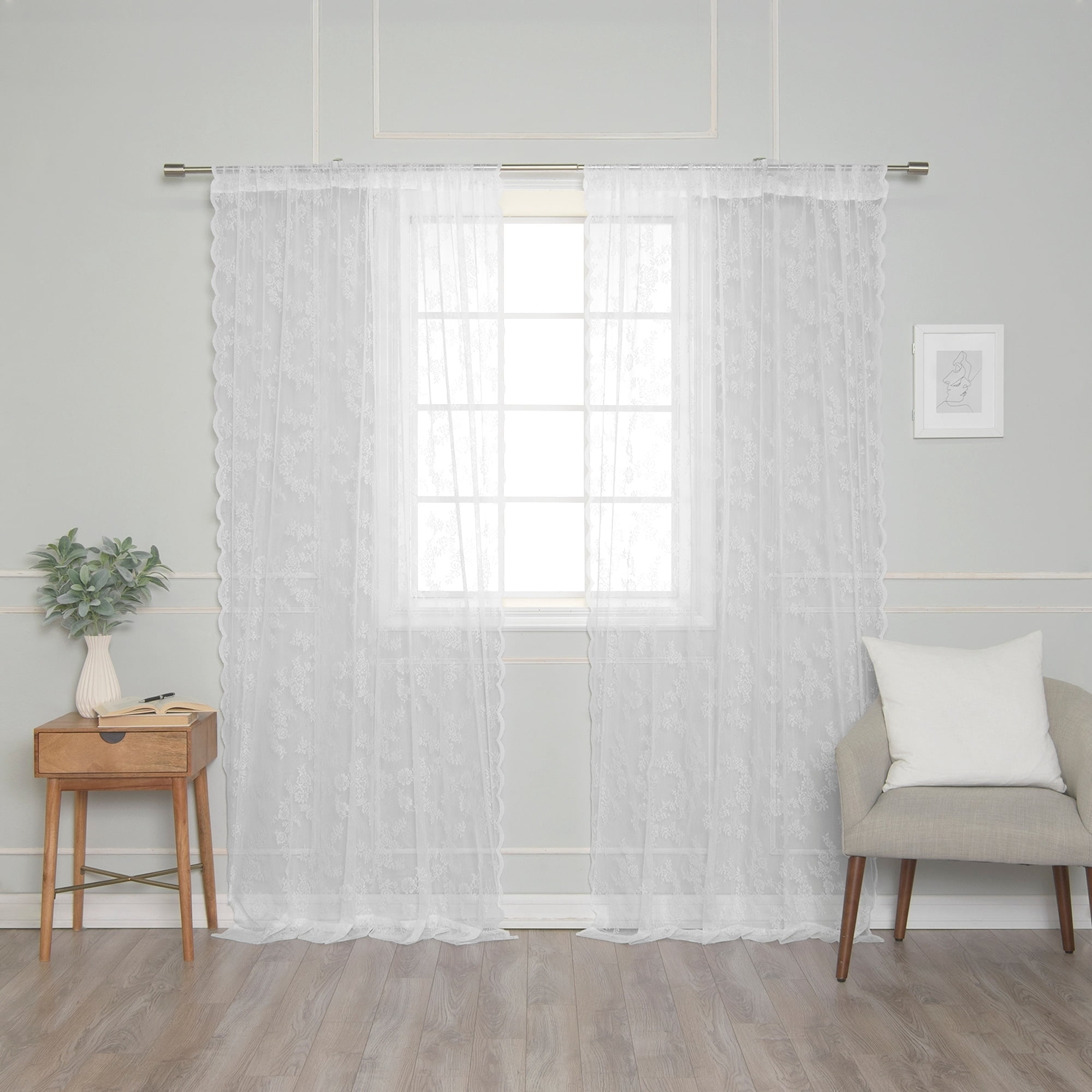Aurora Home Sheer Rose Embroidered Curtains Panel Pair RDP/ White 52" W ...