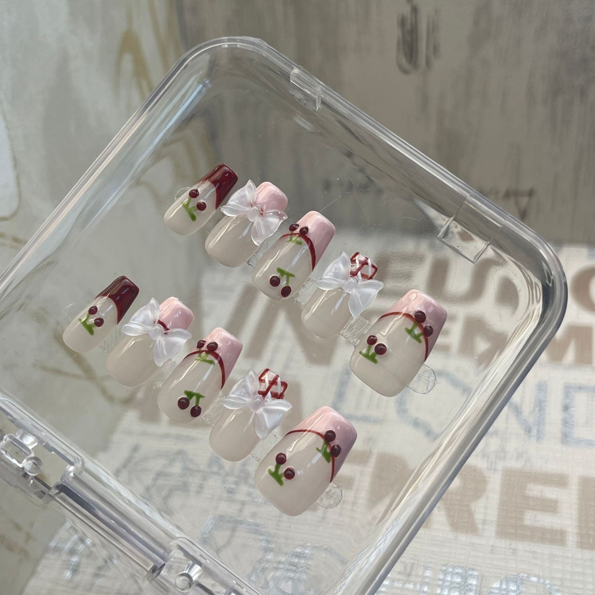 Aurora Manicure Pure Handmade Wearing Nail Cherry Short Ladder French ...
