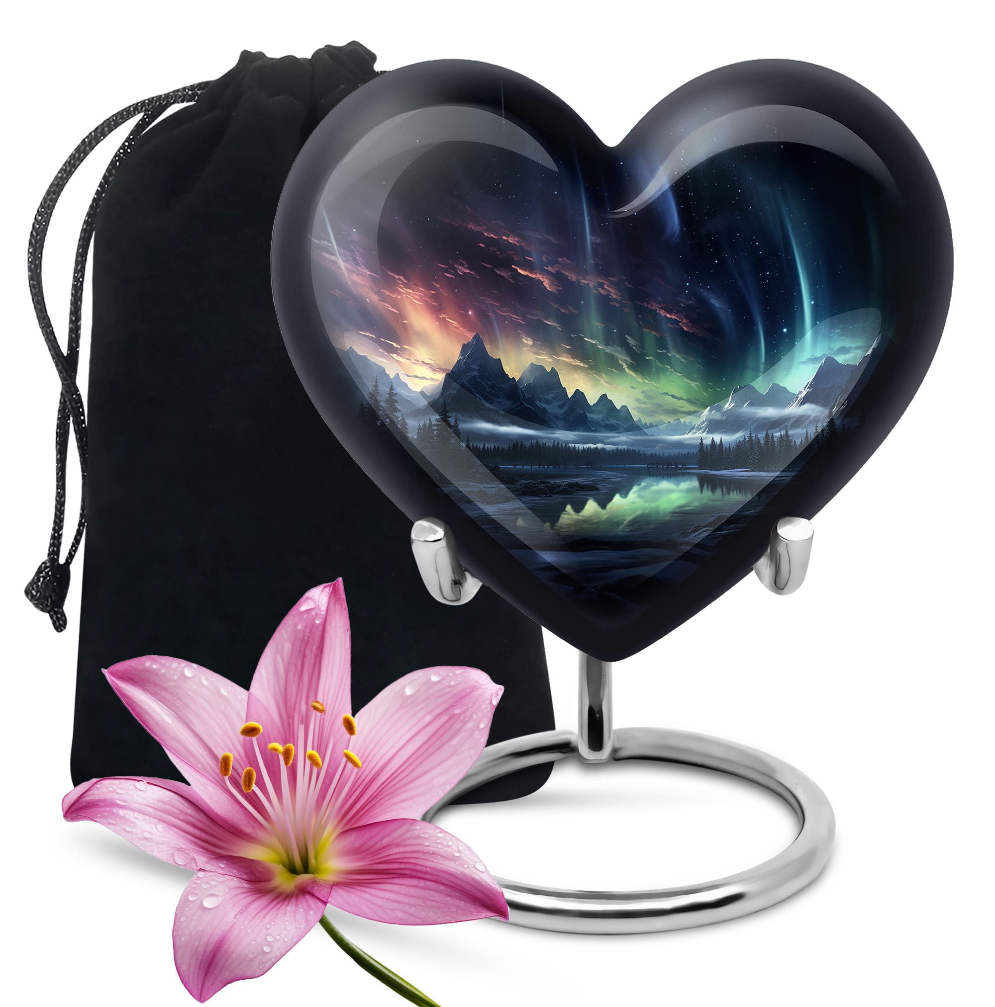 Aurora Miracles Over Mountain Wilderness - Heart Shaped Urn With Stand ...