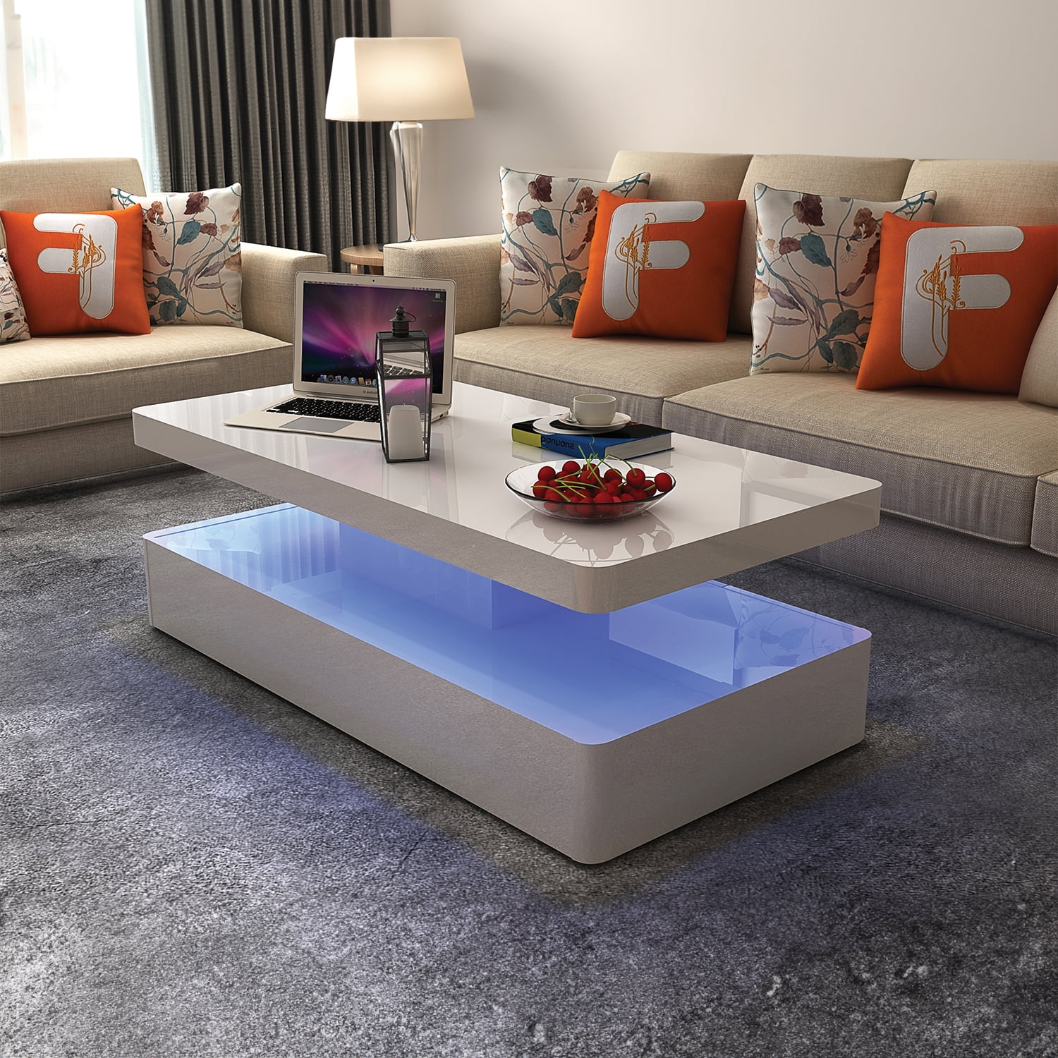 Aurora Modern Style Coffee Table Built in LED Made with Wood and Glossy ...